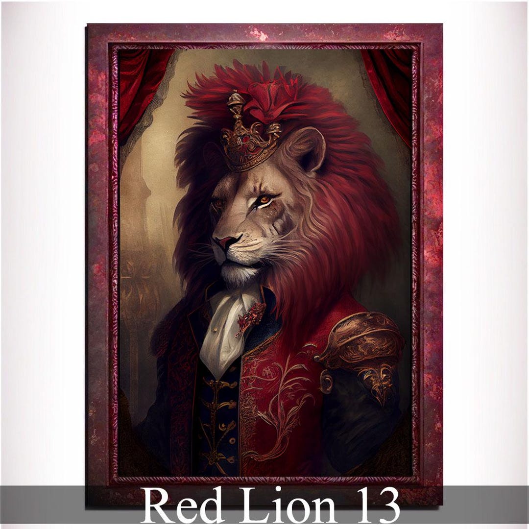 Red Lion Portrait Art Print | Victorian Lion Wall Art | Regal Animal ...