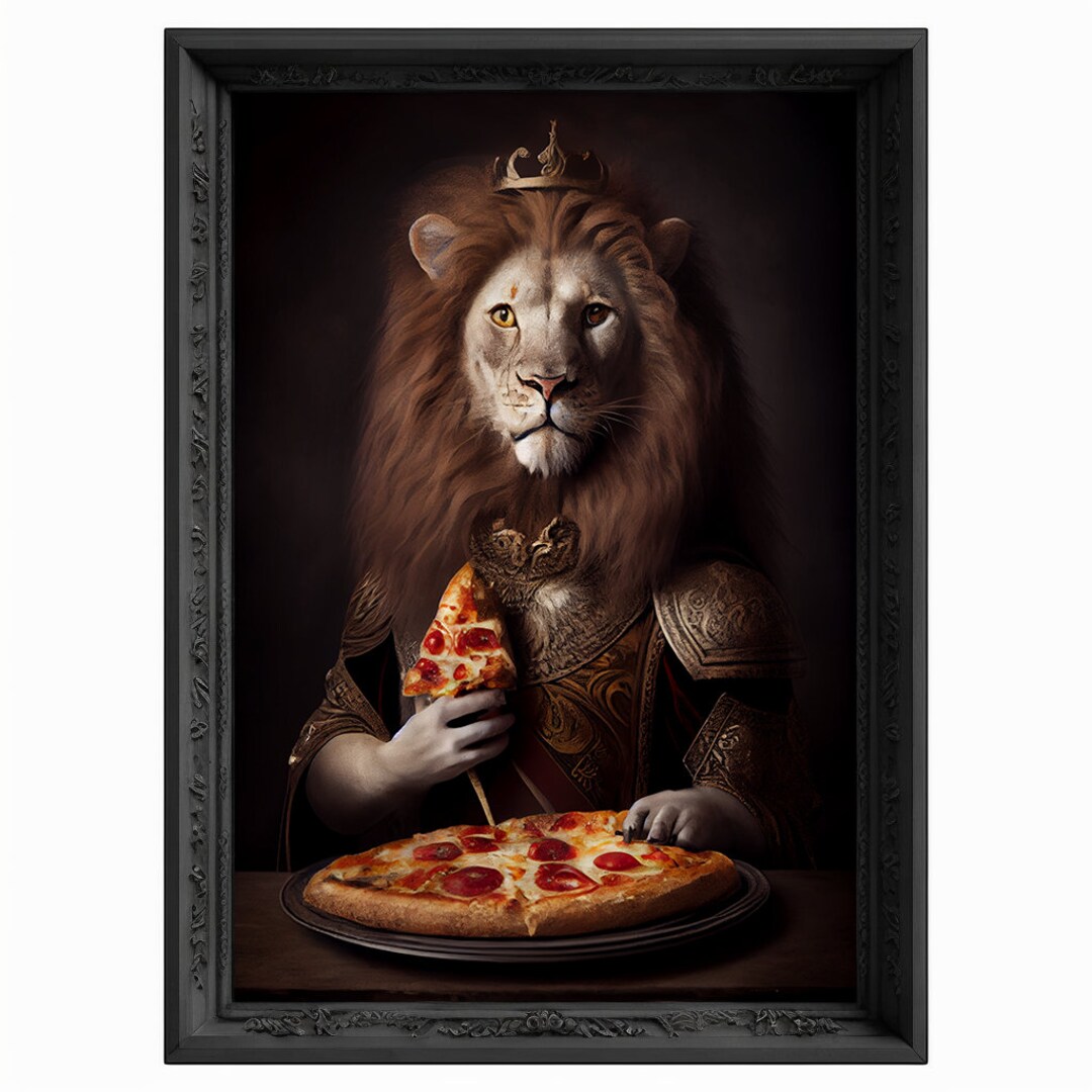 Lion King Portrait Eating Pizza, Animal Painting, Altered Art, Bar Room ...