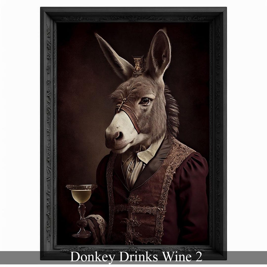 Donkey Drinks Wine Portrait, Animal Head Painting, Altered Art, Bar ...