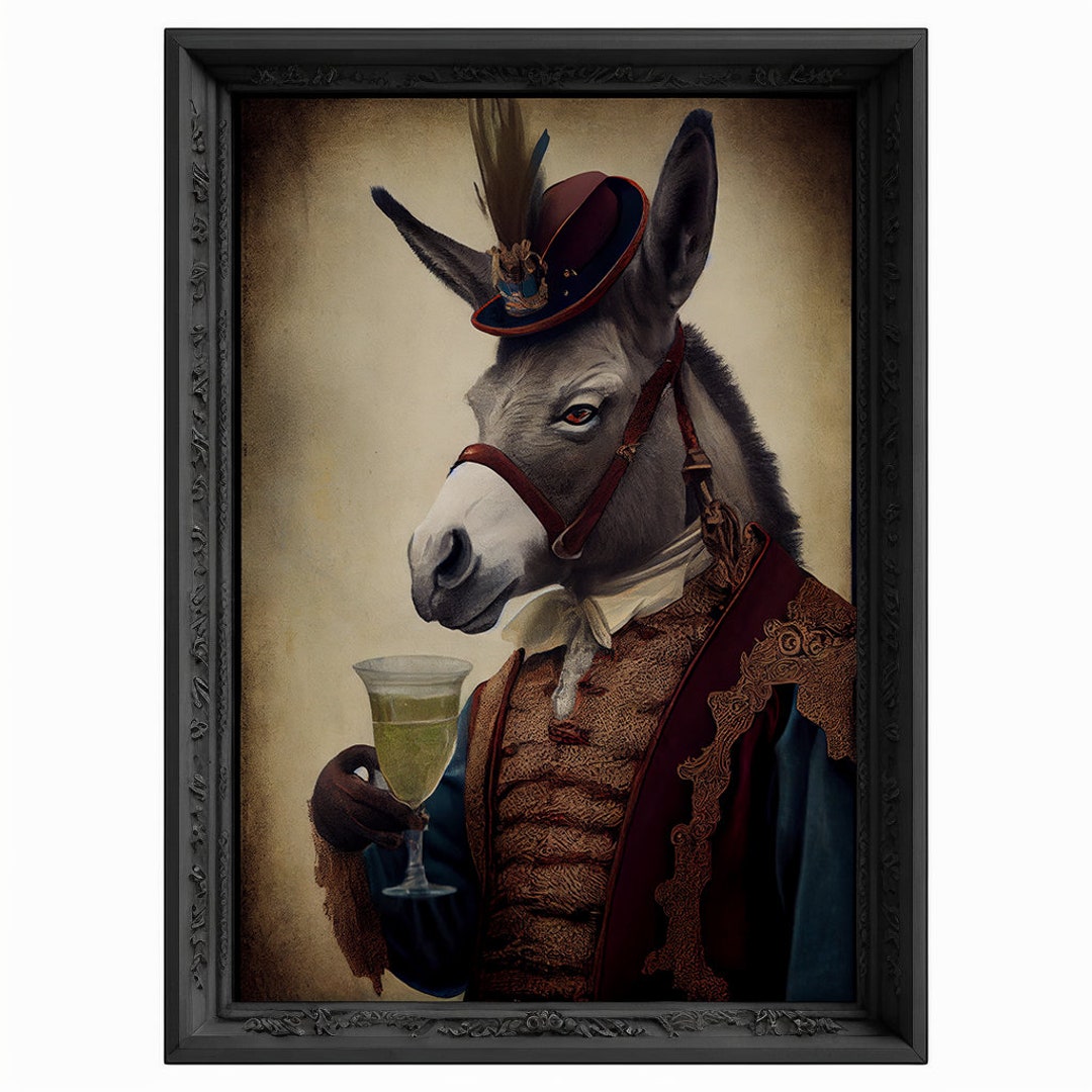Donkey Drinks Wine Portrait, Animal Head Painting, Altered Art, Bar ...