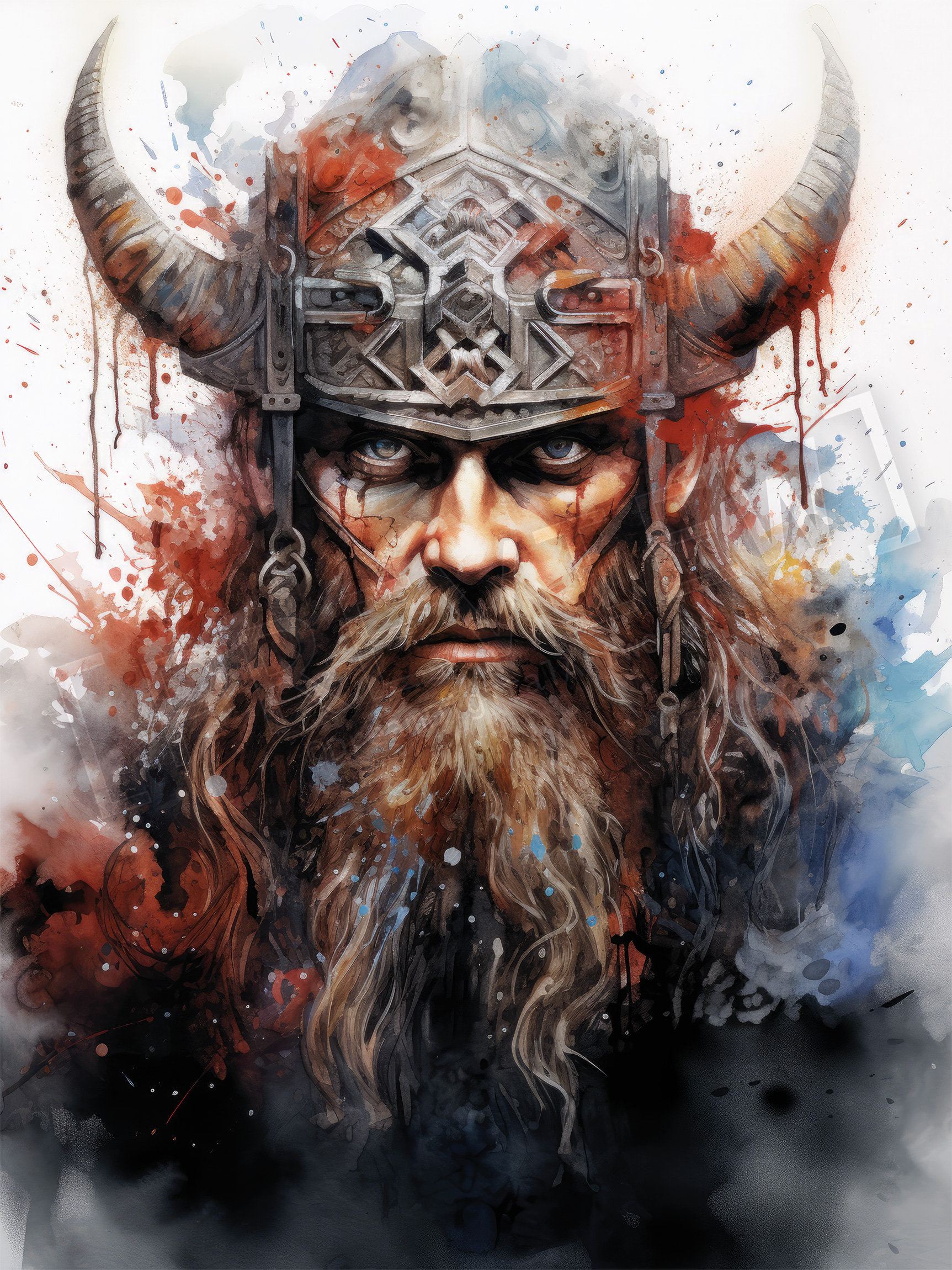 Printable Viking Poster Bearded Viking Portrait Wall Art Watercolor ...