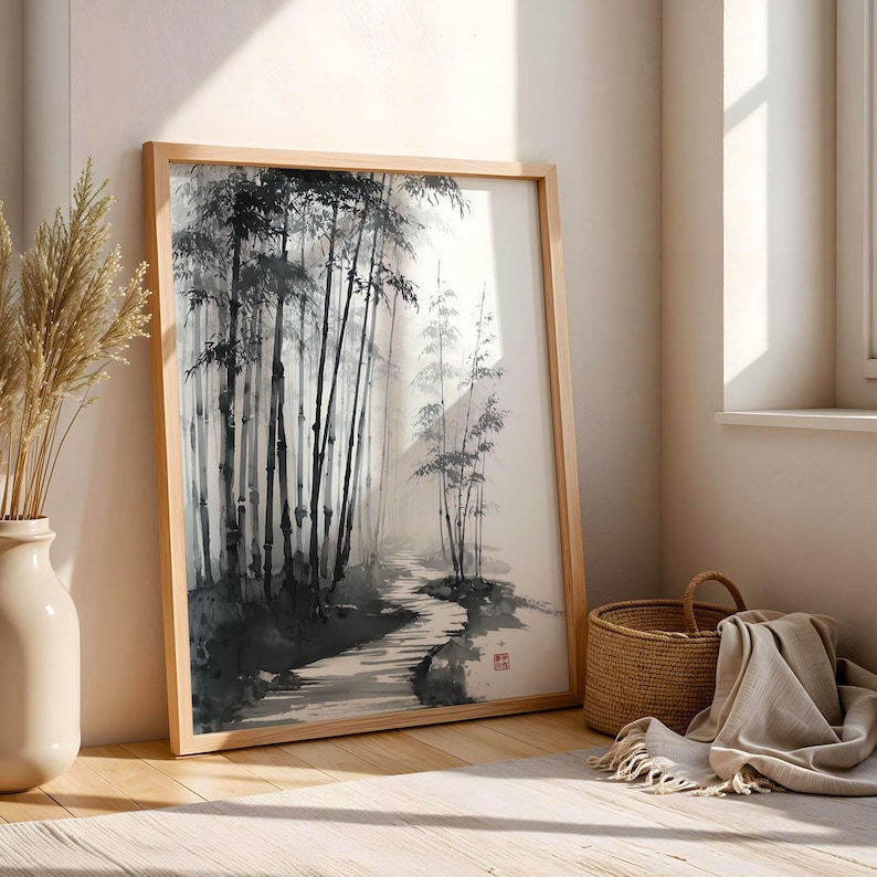 Mist Path Bamboo Giclée Print — Black & Gray Japanese Sumi-e Landscape ...