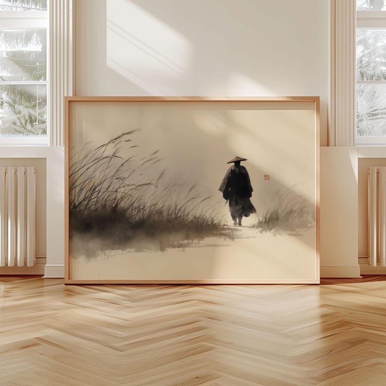Wandering Monk Wall Art — Japanese Ink Painting, Zen Minimalist Decor ...