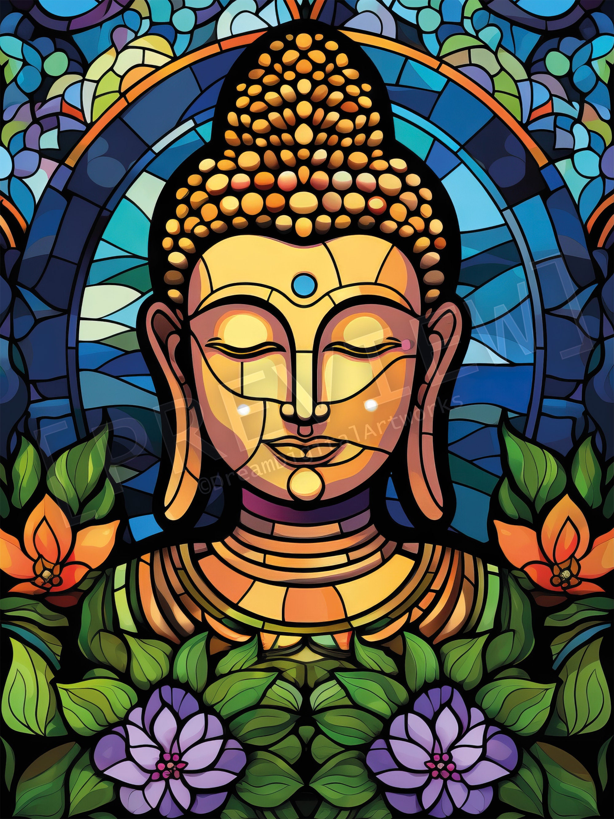 Printable Buddha Art Stained Glass Window Buddha Poster Buddhism Wall ...