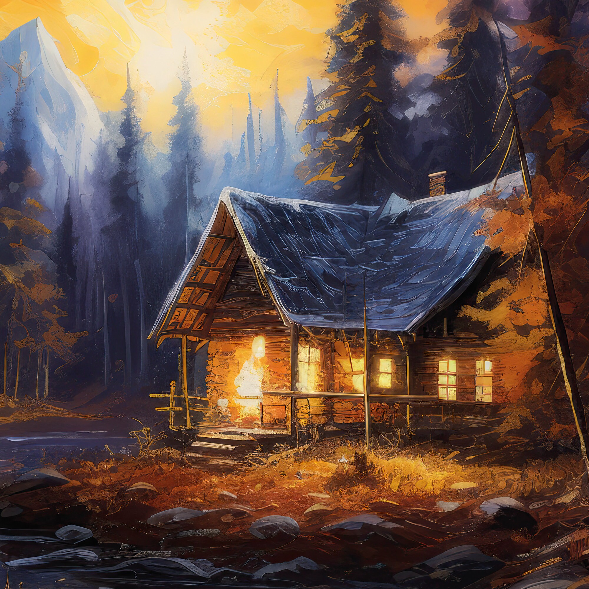 Printable Cabin by the River Poster Digital Art Cabin INSTANT DOWNLOAD ...