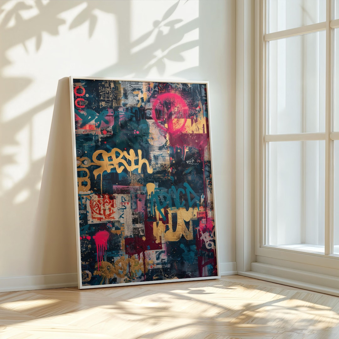 Neon Newsprint Riot Wall Art — Teal & Pink Graffiti Collage Giclée ...