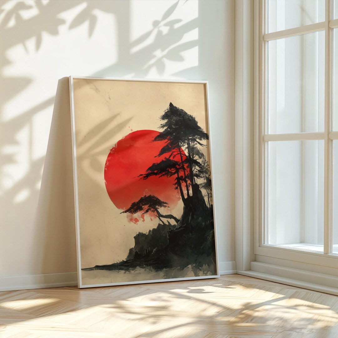 Red Sun Silence Wall Art — Red & Black Japanese Landscape Giclée Print ...