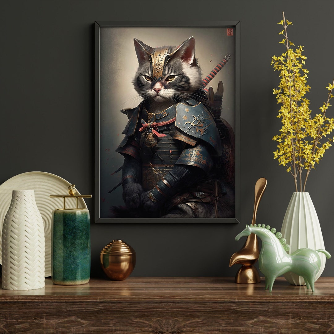 Printable Samurai Cat Digital Print Warrior Cat Art Poster Animal ...