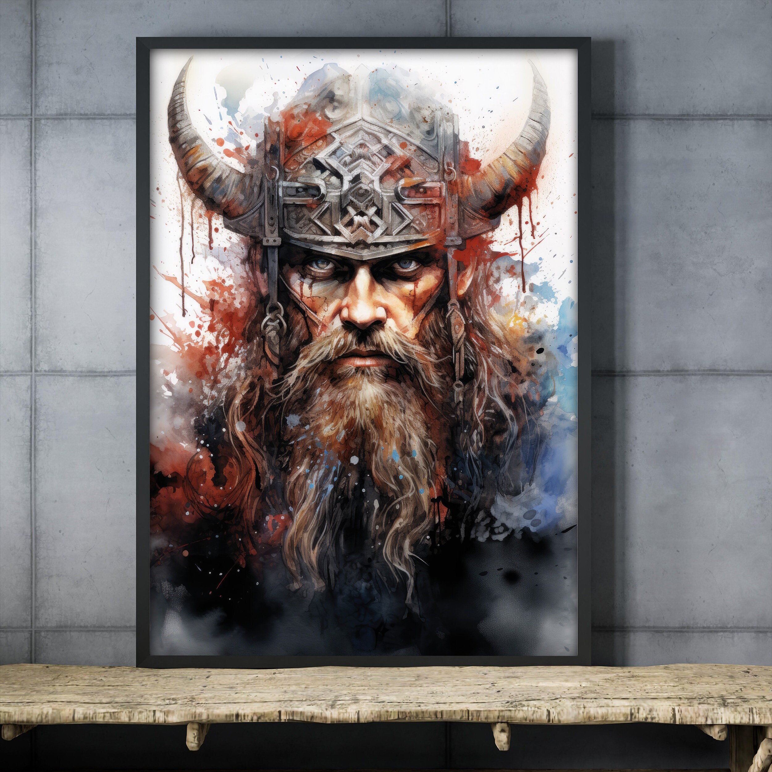 Printable Viking Poster Bearded Viking Portrait Wall Art Watercolor ...