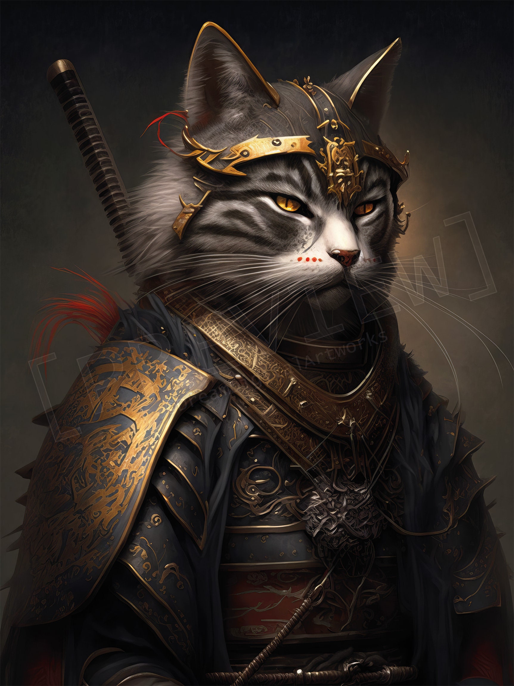 Printable Samurai Cat Digital Print Warrior Cat Art Poster Animal ...