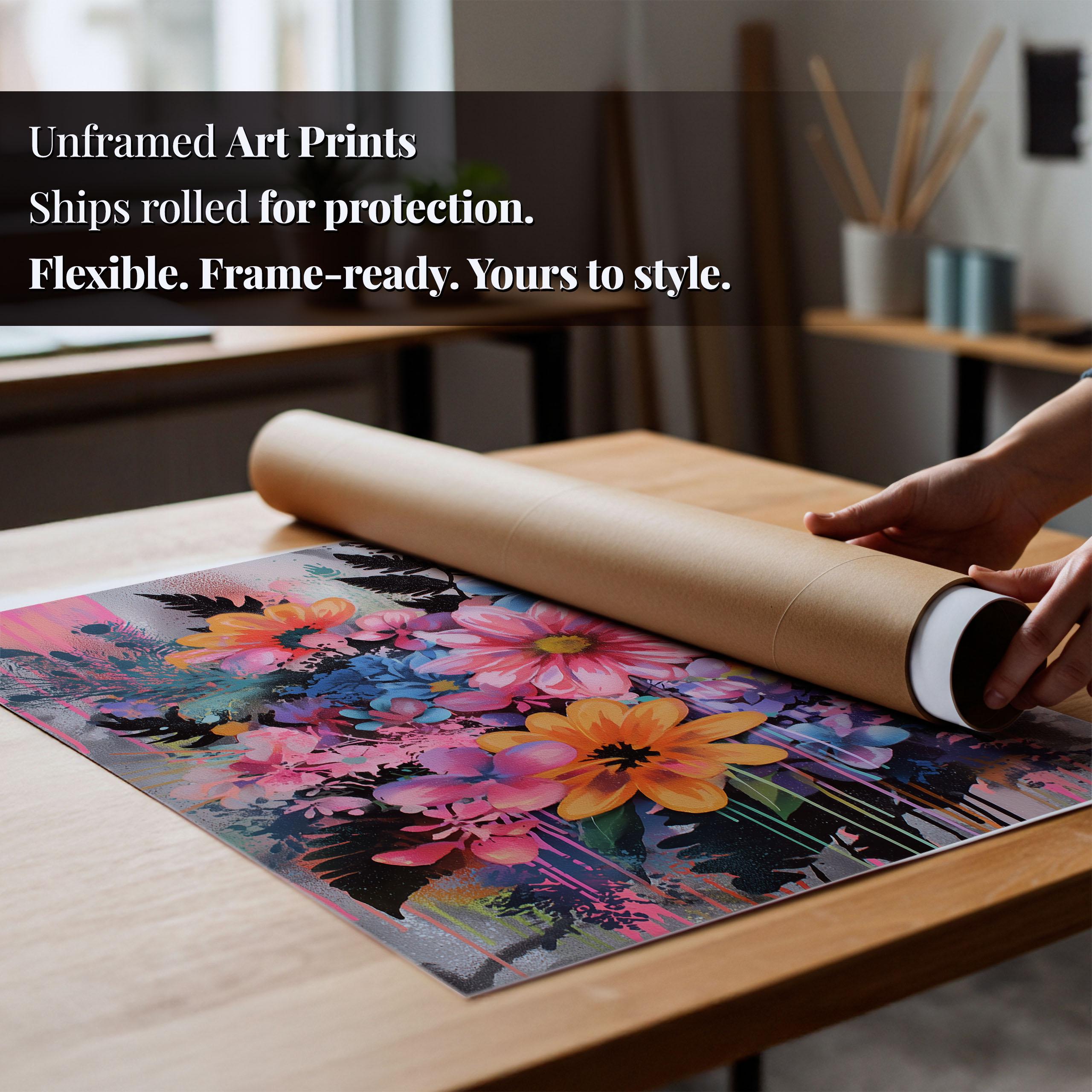 Wild Bloom Riot Wall Art — Pink & Rainbow Floral Graffiti Giclée Print ...
