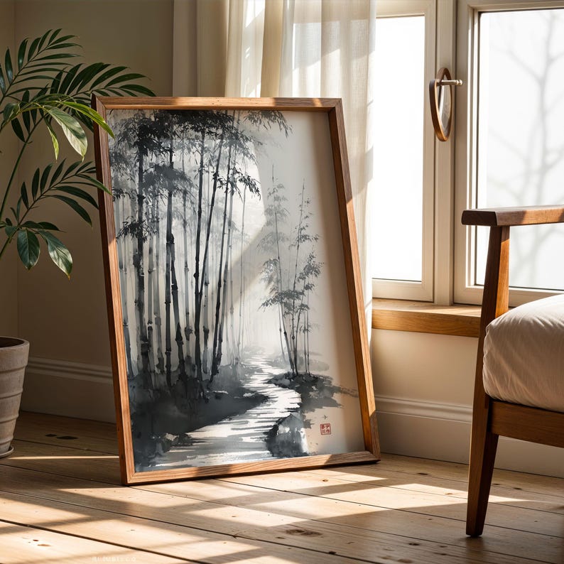 Mist Path Bamboo Giclée Print — Black & Gray Japanese Sumi-e Landscape ...