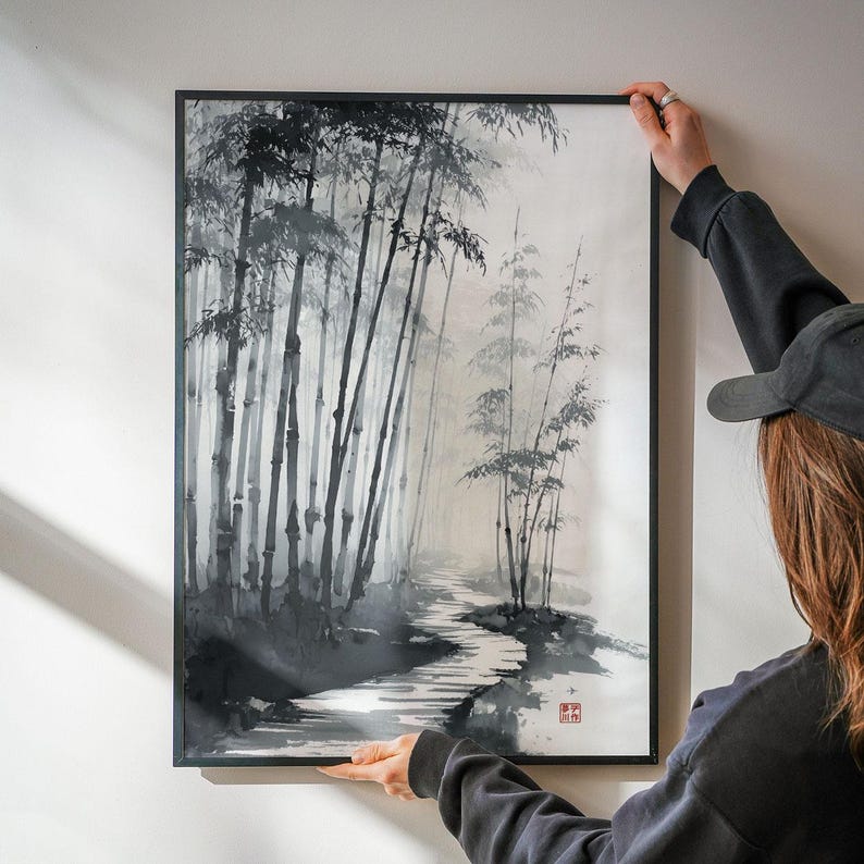 Mist Path Bamboo Giclée Print — Black & Gray Japanese Sumi-e Landscape ...