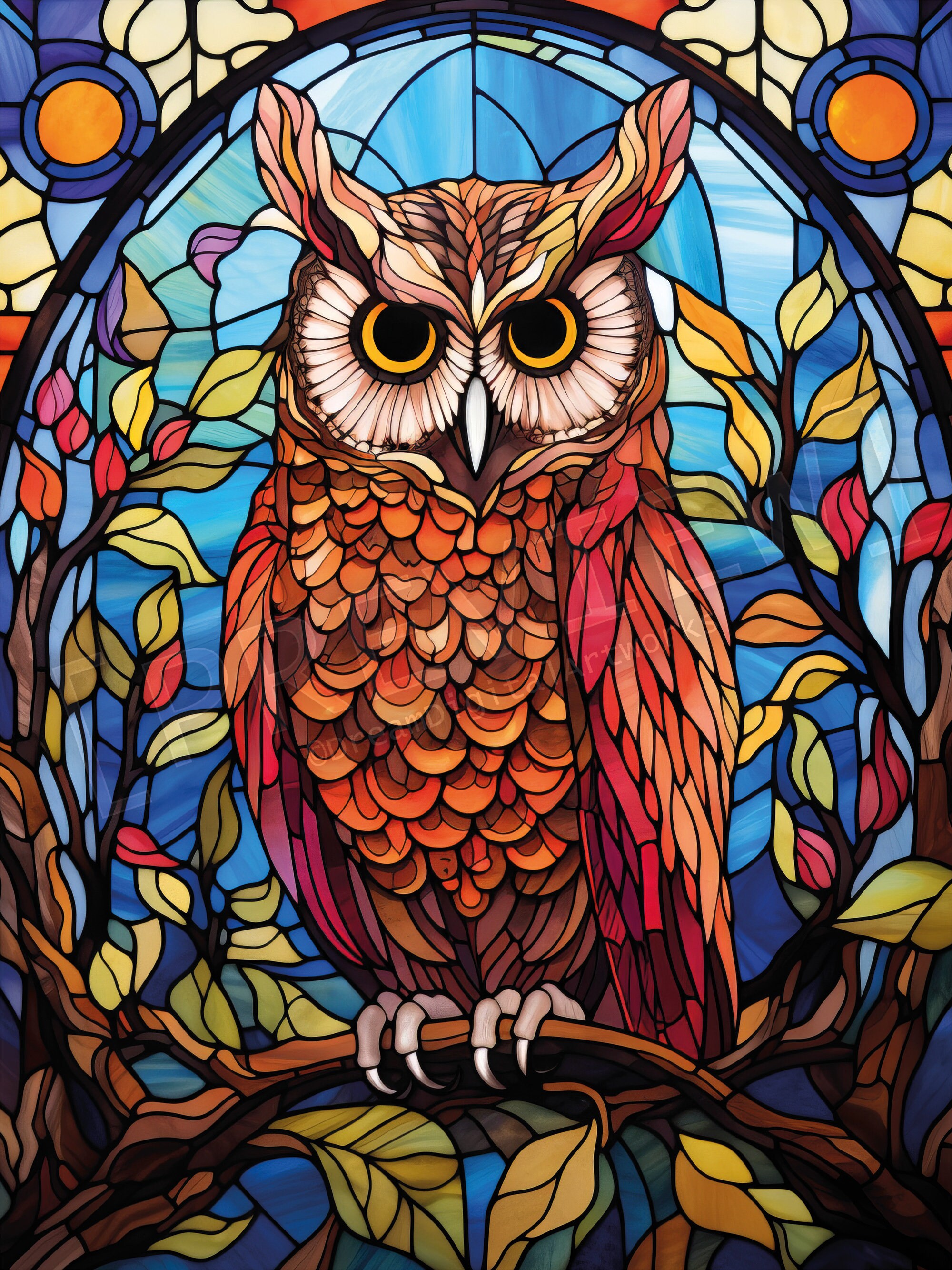 Printable Owl Art Stained Glass Window Owl Poster Creative Animal Wall ...