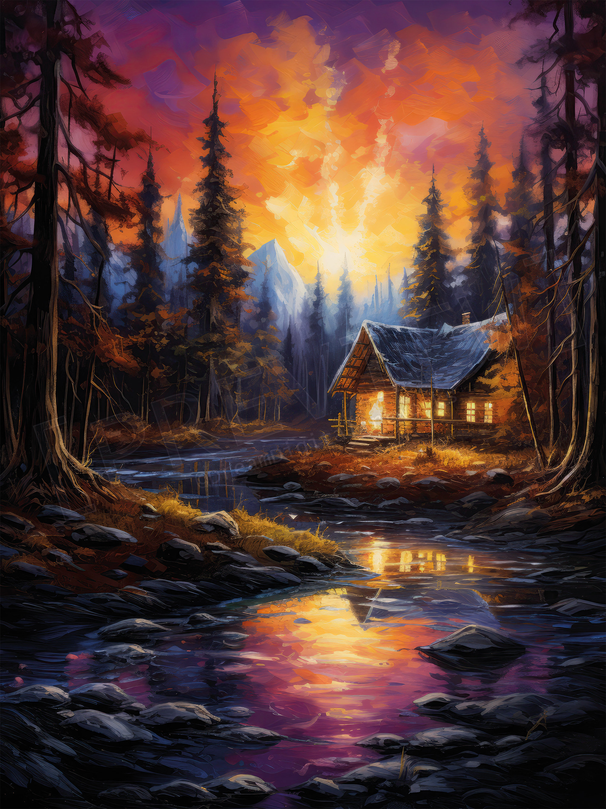 Printable Cabin by the River Poster Digital Art Cabin INSTANT DOWNLOAD ...