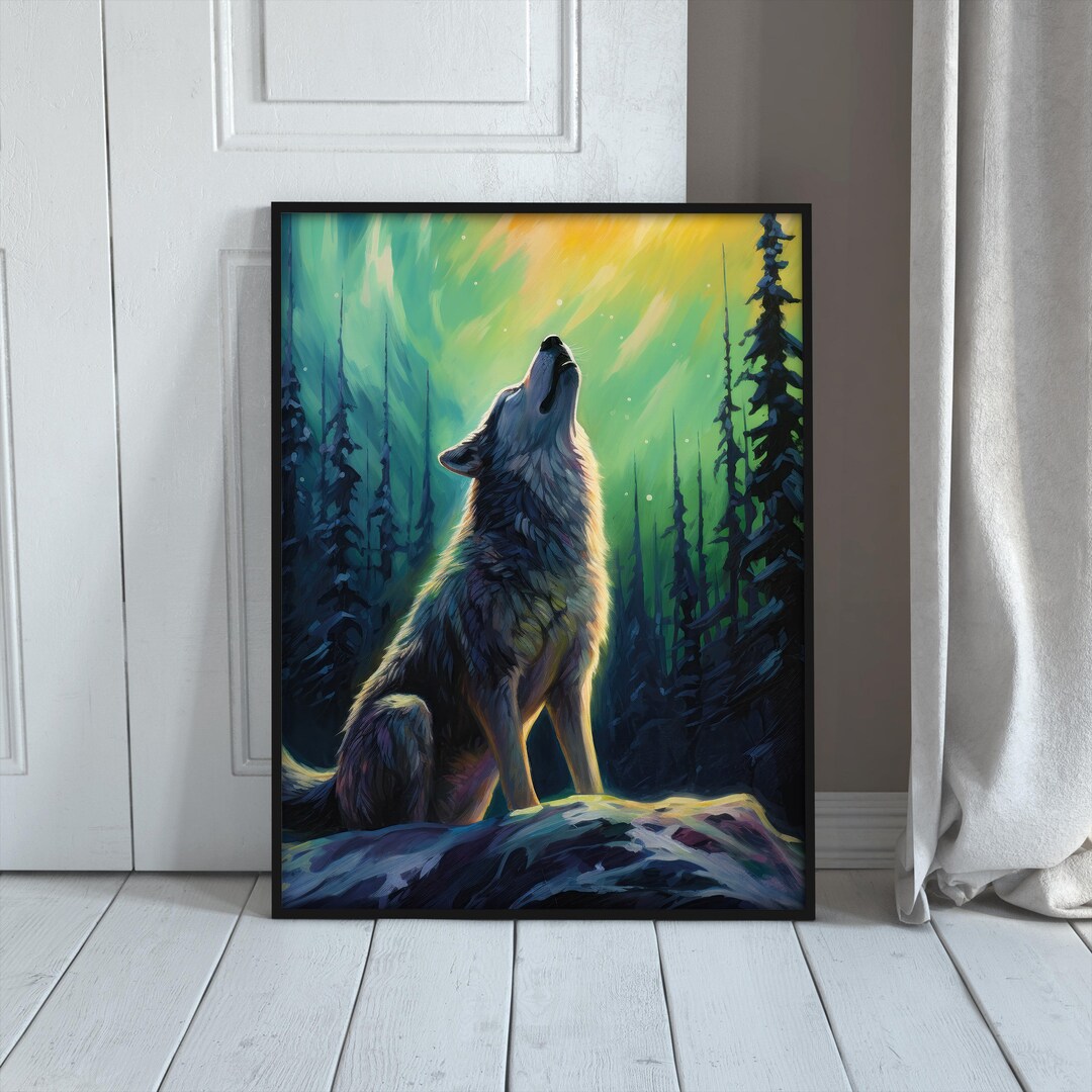 Printable Howling Wolf Art Northern Lights Wall Art Wolf Digital ...