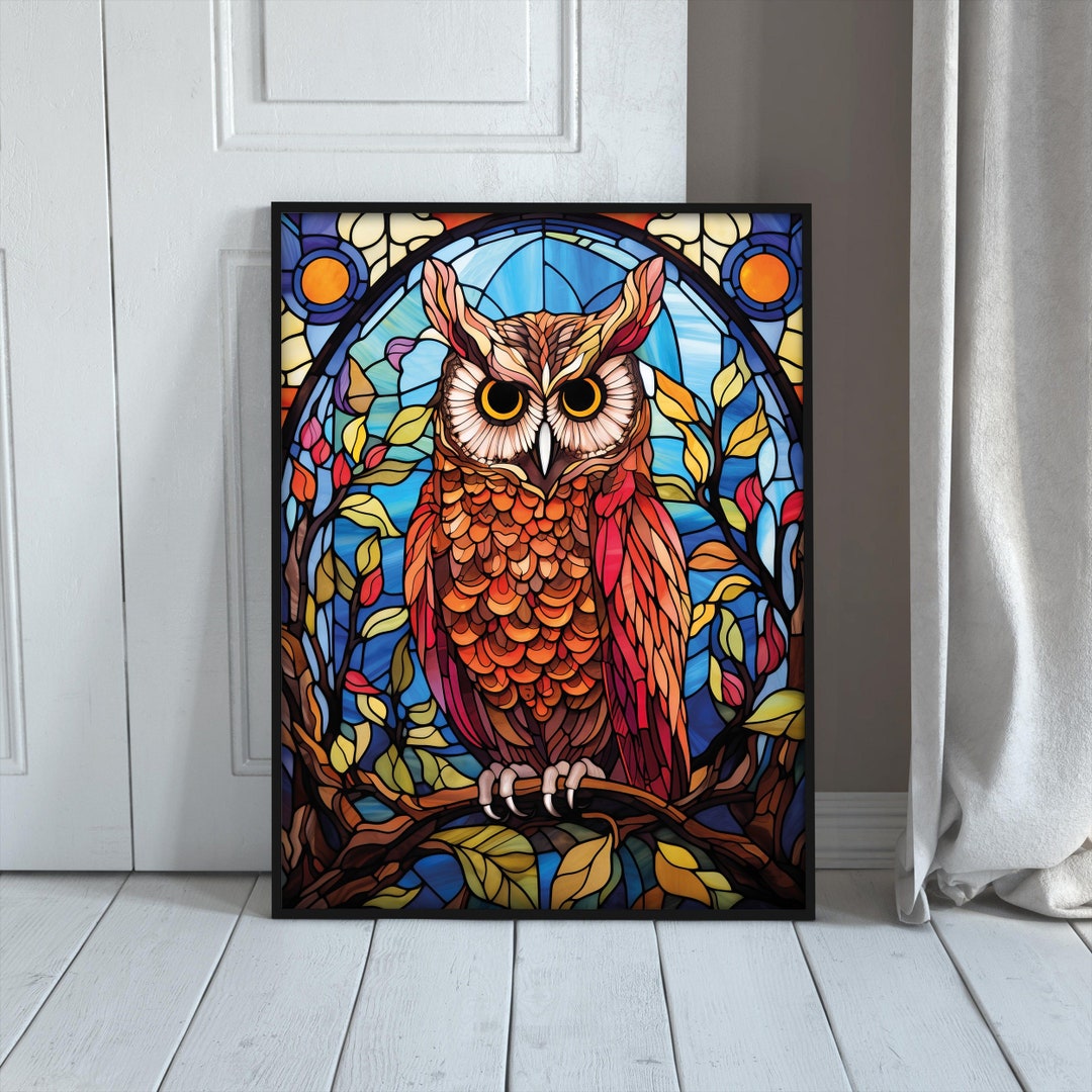 Printable Owl Art Stained Glass Window Owl Poster Creative Animal Wall ...