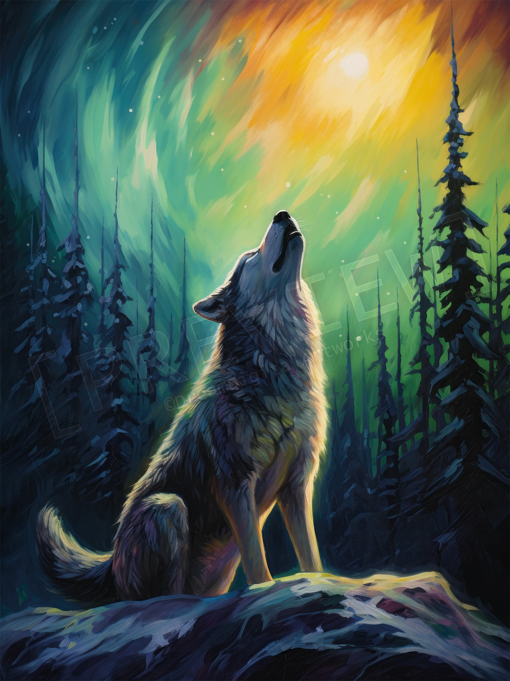 Printable Howling Wolf Art Northern Lights Wall Art Wolf Digital ...