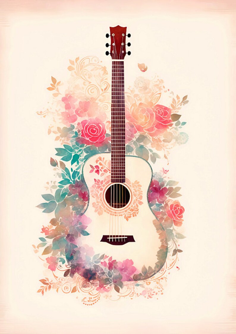 4 (four) Digital Prints A1 Acoustic Guitar With Flowers - Etsy