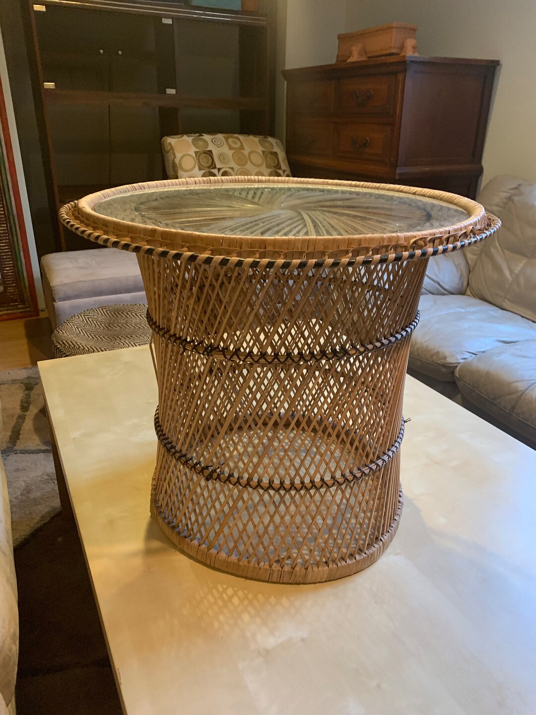 Pristine Wicker and Rattan Peacock Glass Top Table - Etsy