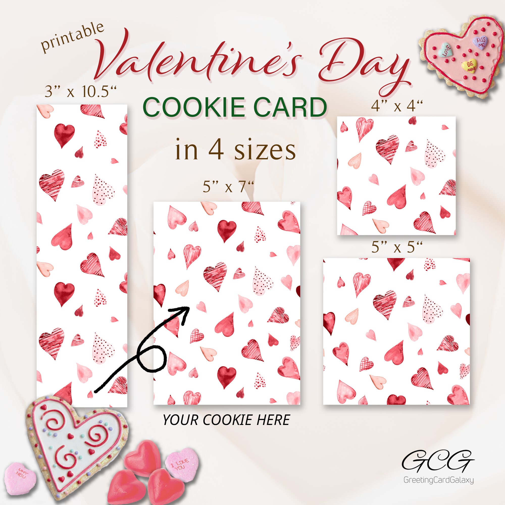 Valentines Cookie Card, PRINTABLE Cookie Box Backers in 4 Sizes ...