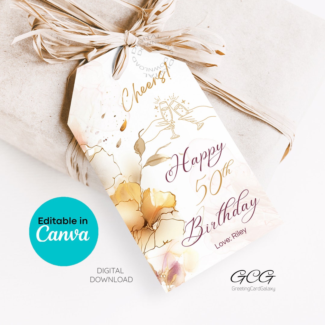 Editable 50th Birthday Gift Tag, Editable Happy 50th Birthday Tags ...
