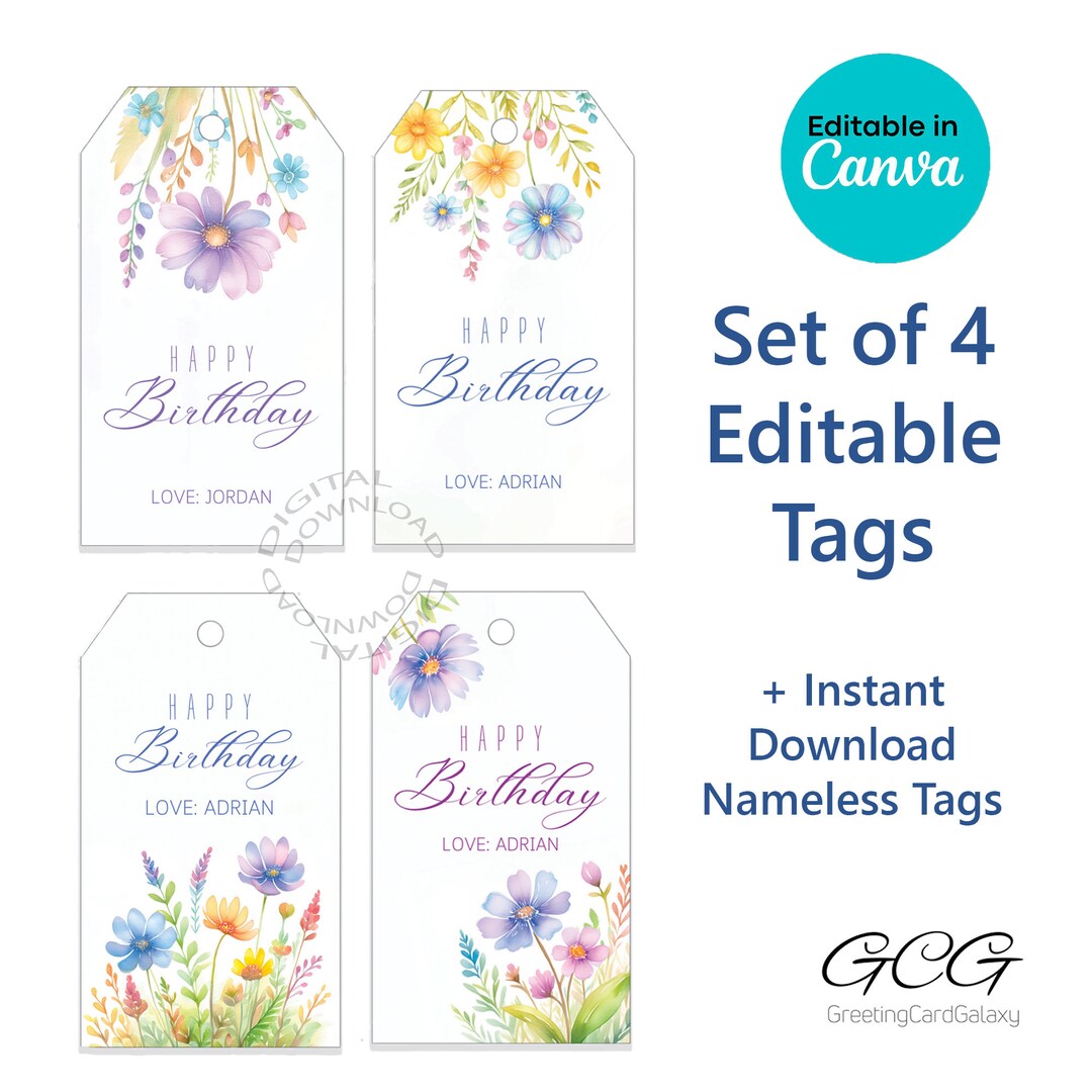 Editable Happy Birthday Gift Tag Set of 4, Editable Birthday Tags ...