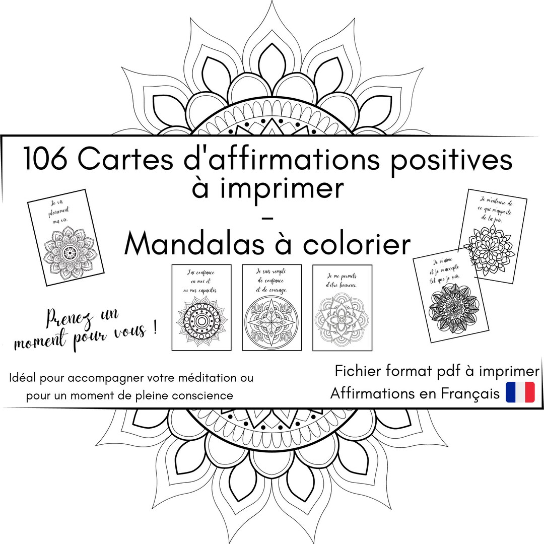 DOUBLE SET 106 Positive Affirmations Cards to Print and Color Mandala ...