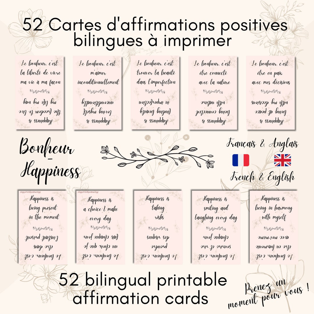 52 Positive Affirmation Cards to Print French-english Printable ...