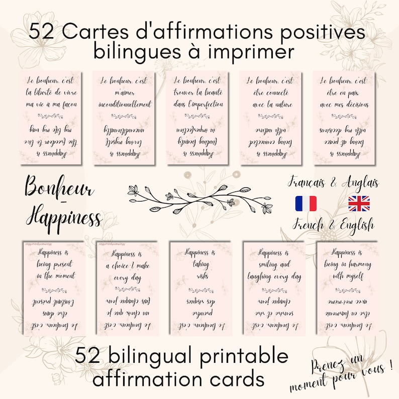 52 Printable Positive Affirmation Cards French-english - Bonheur ...