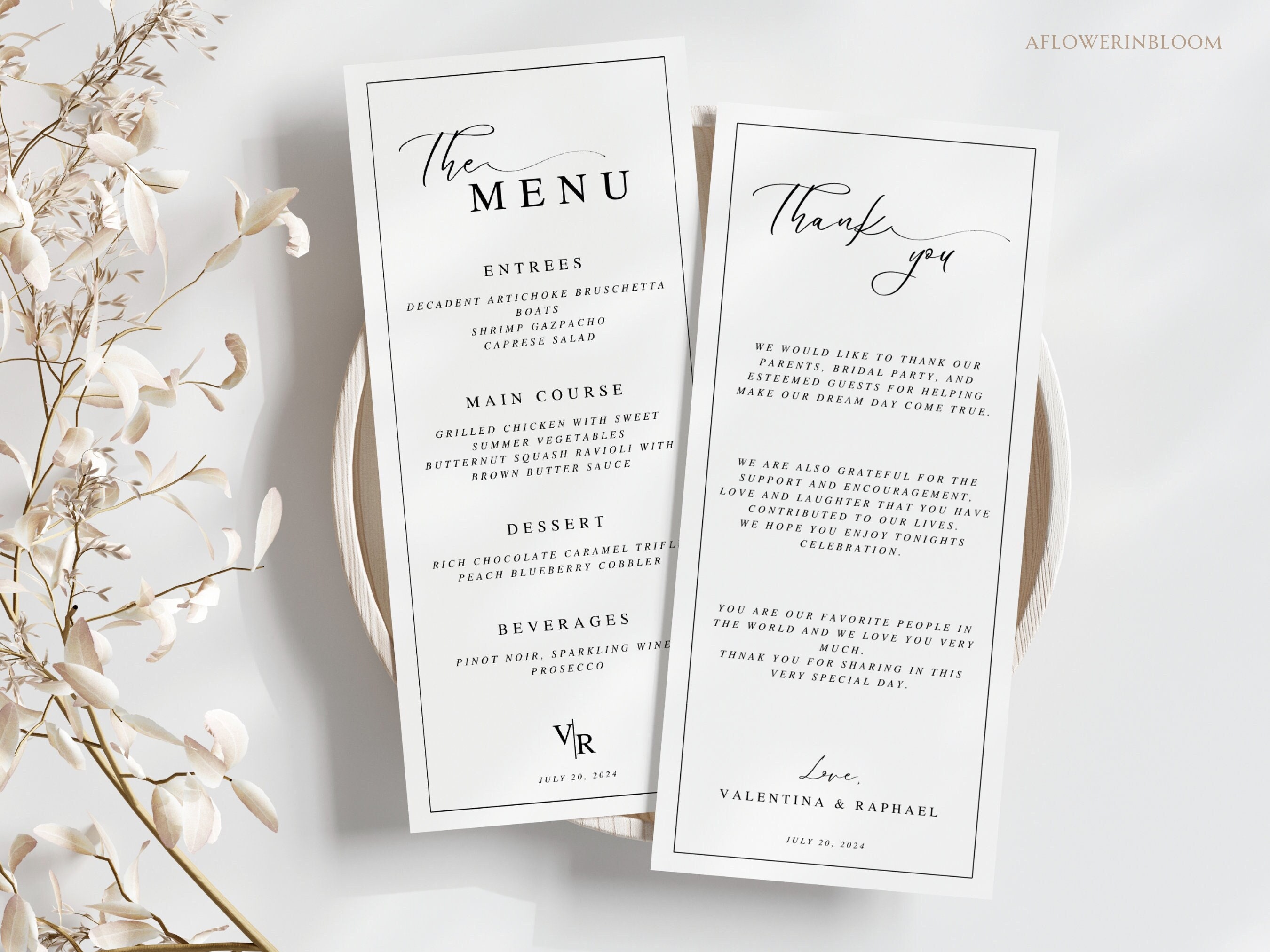 Modern Menu and Thank You Card Thank You Place Cards Wedding Napkin ...