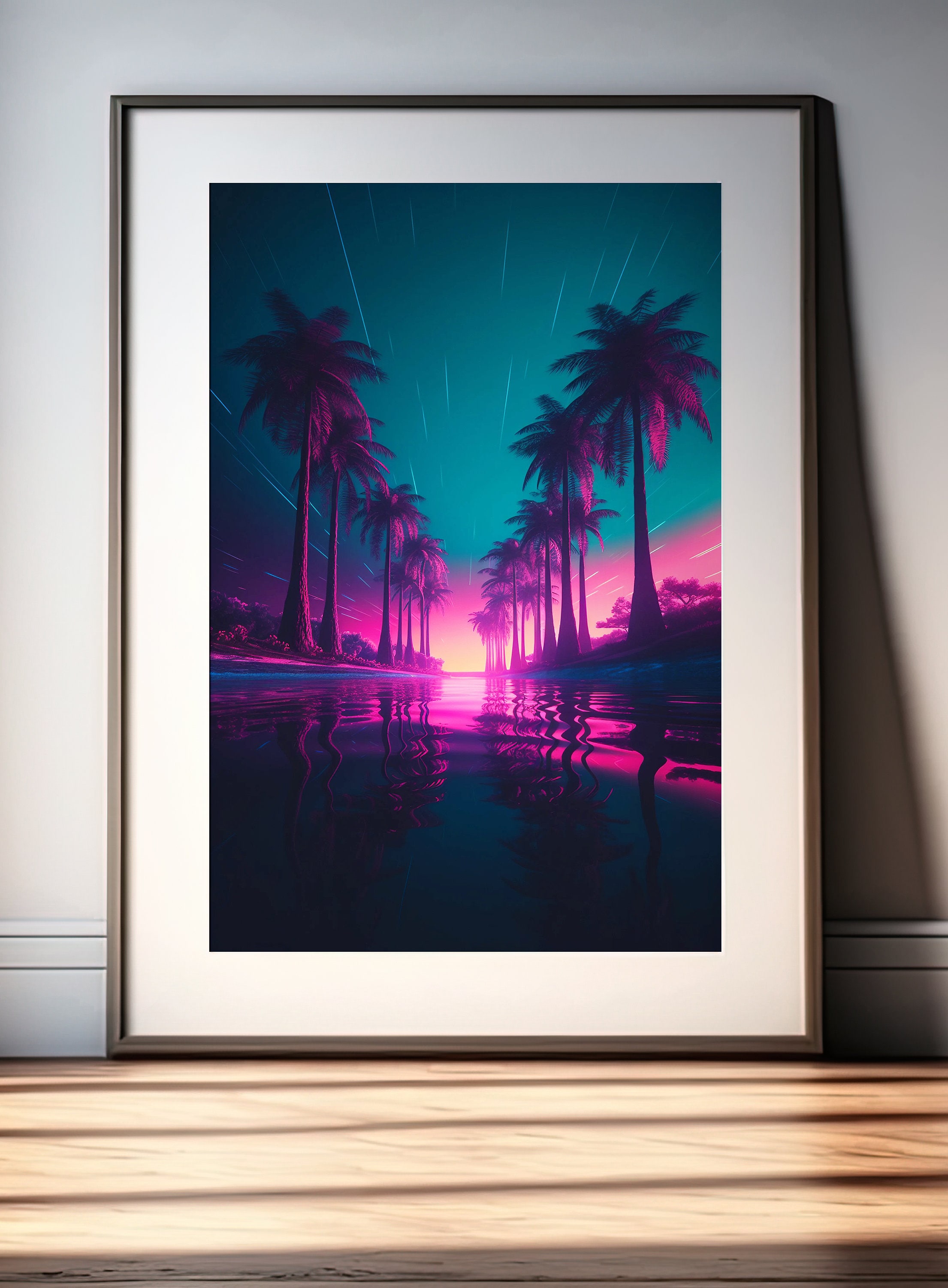 Synthwave Tree Line Digital Art, AI Synthwave Wall Art, Tropical ...