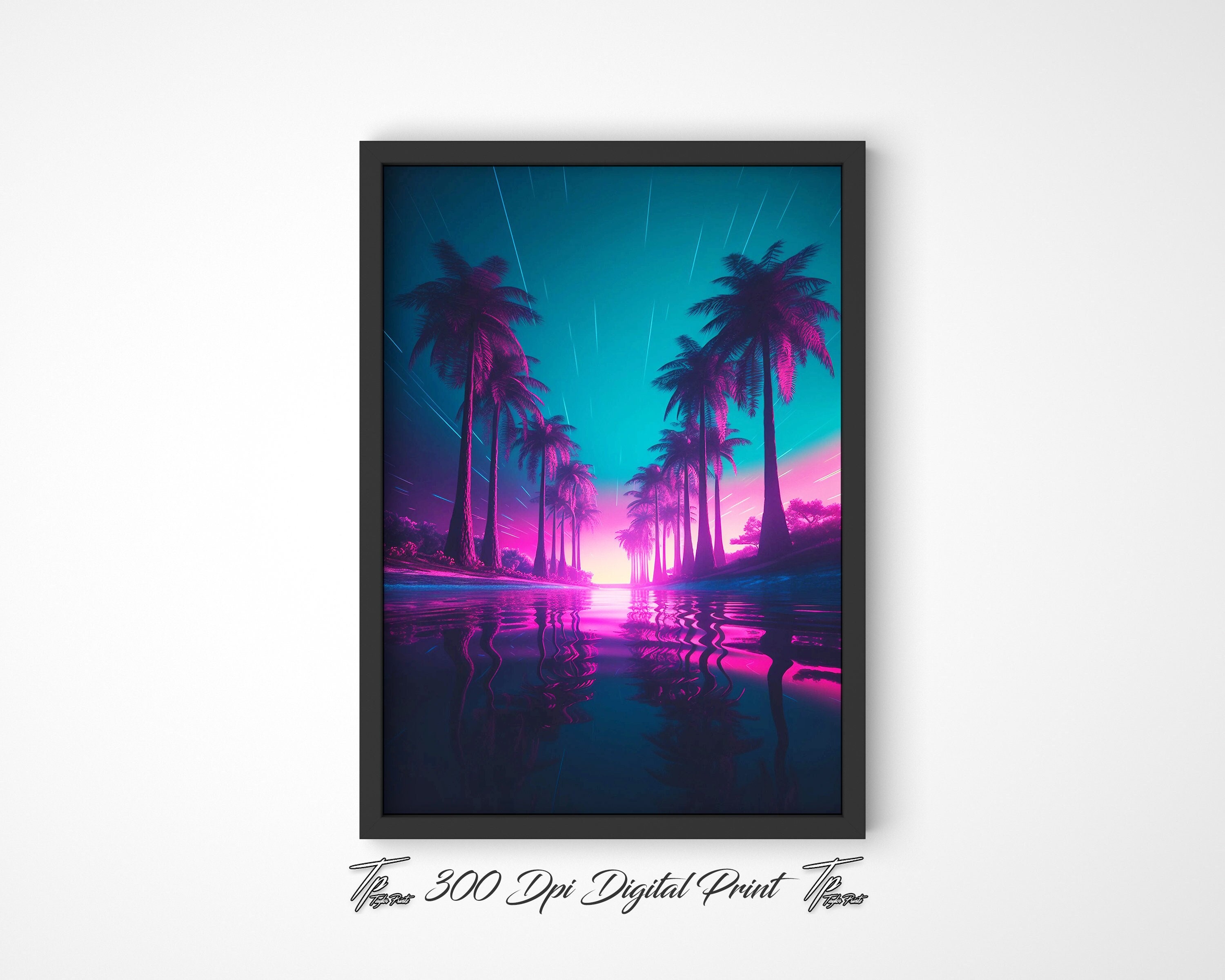 Synthwave Tree Line Digital Art, AI Synthwave Wall Art, Tropical ...