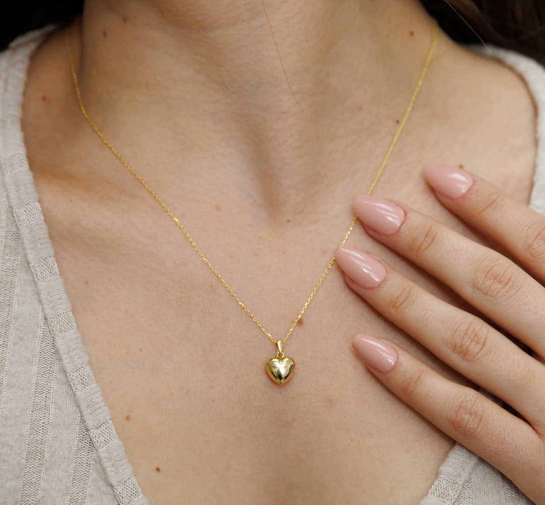 Puffed Heart Pendant Necklace in 14 Karat Solid Gold | Solid Gold ...
