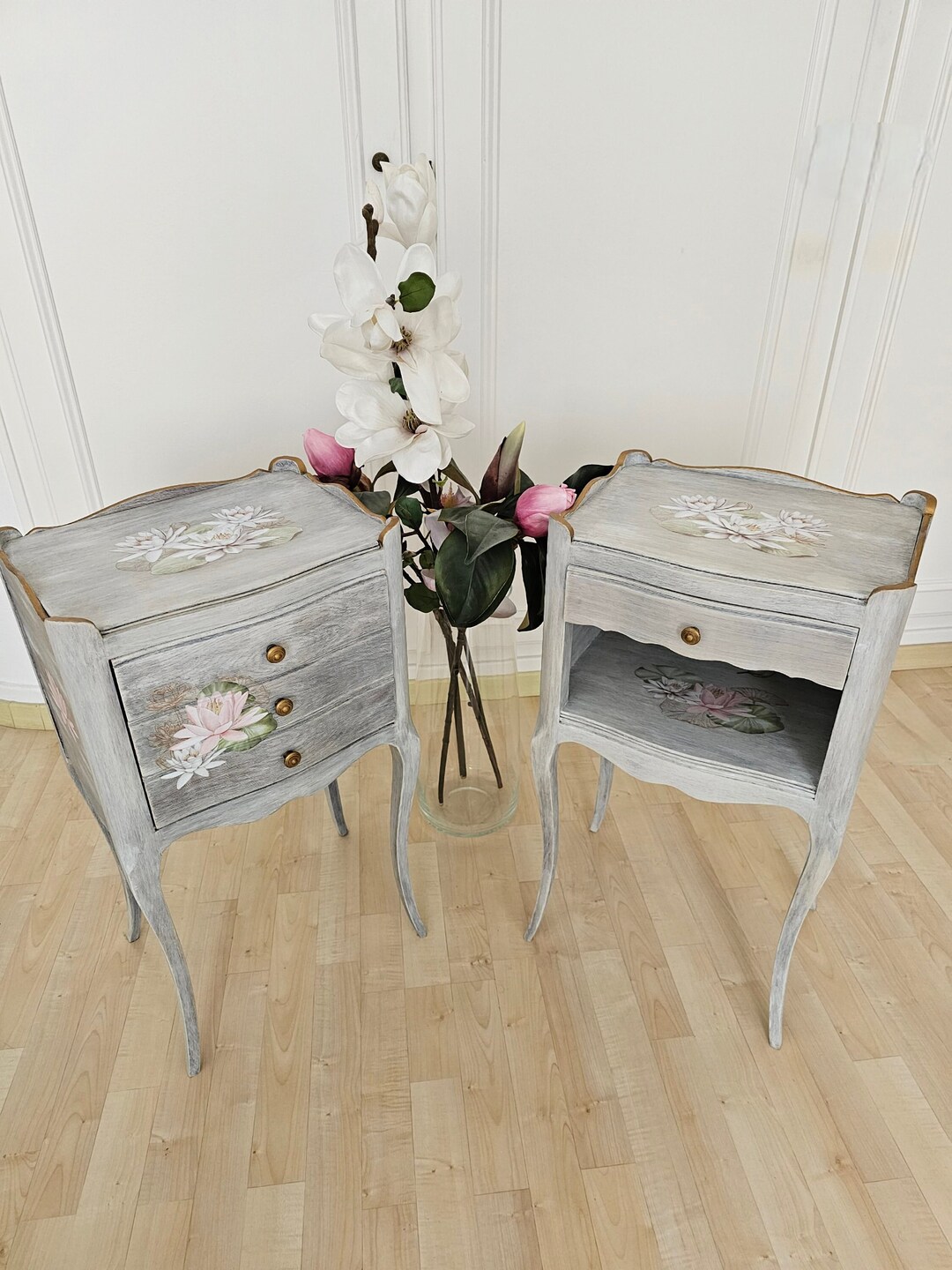 Elegant Floral Bedside Table Flower Print on Top and - Etsy