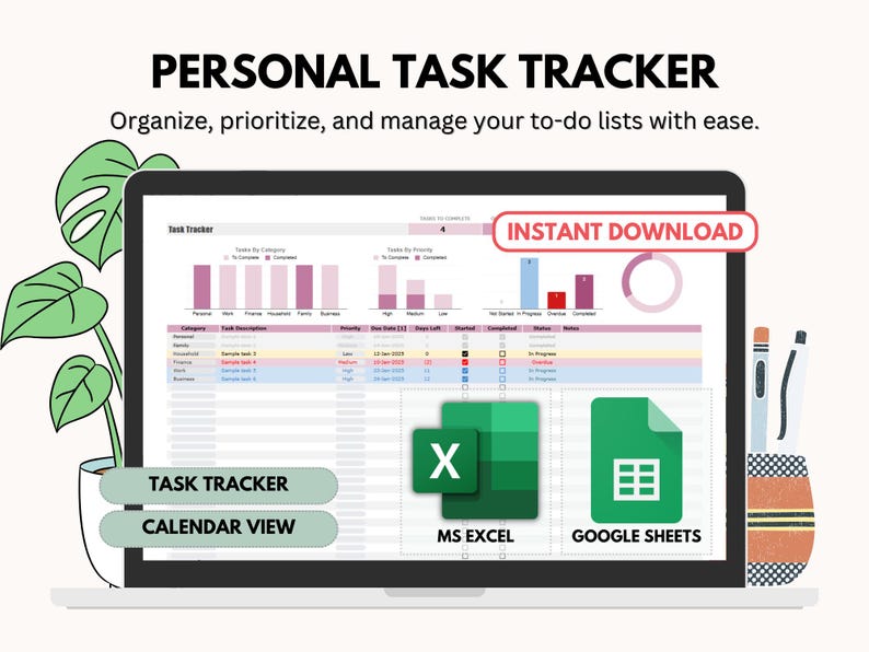 Task Tracker Spreadsheet: Productivity Planner (digital Download) - Etsy