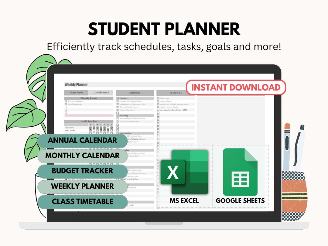 Student Planner Spreadsheet | Weekly Planner, Academic Organizer ...