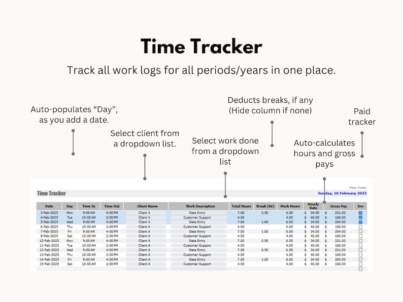 Weekly Timesheet With Invoice Spreadsheet Template - Clock in Clock Out ...
