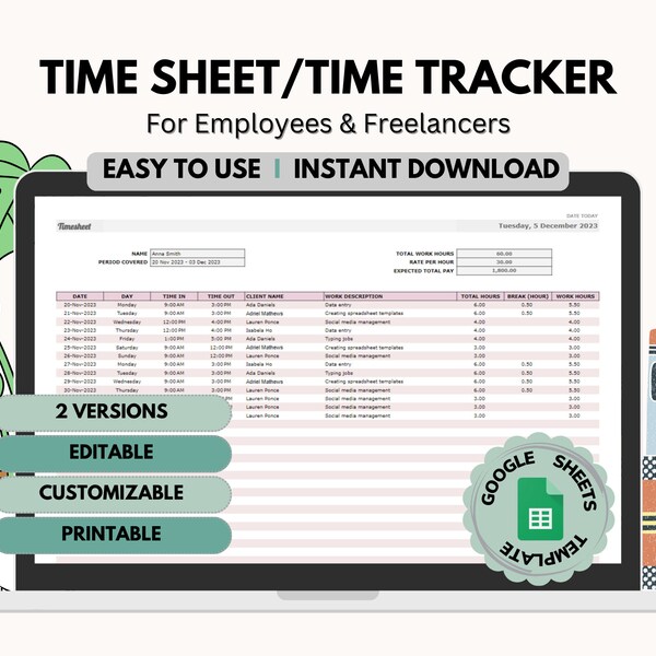 Google Sheets Employee Timesheet - Etsy