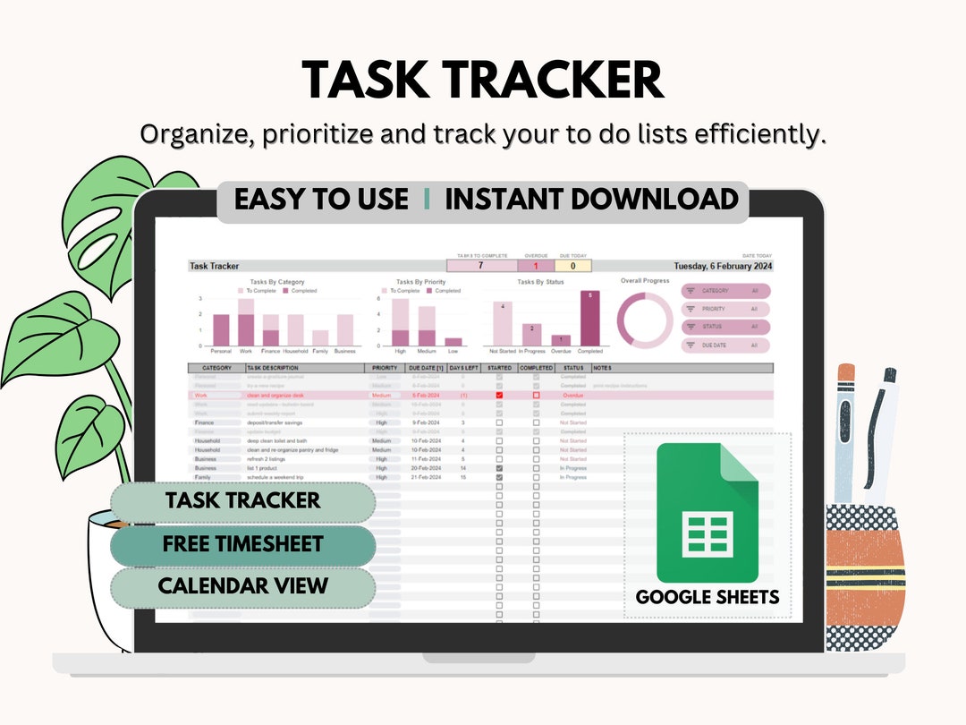 Task Tracker Google Sheets With Calendar View, to Do List Task Planner ...