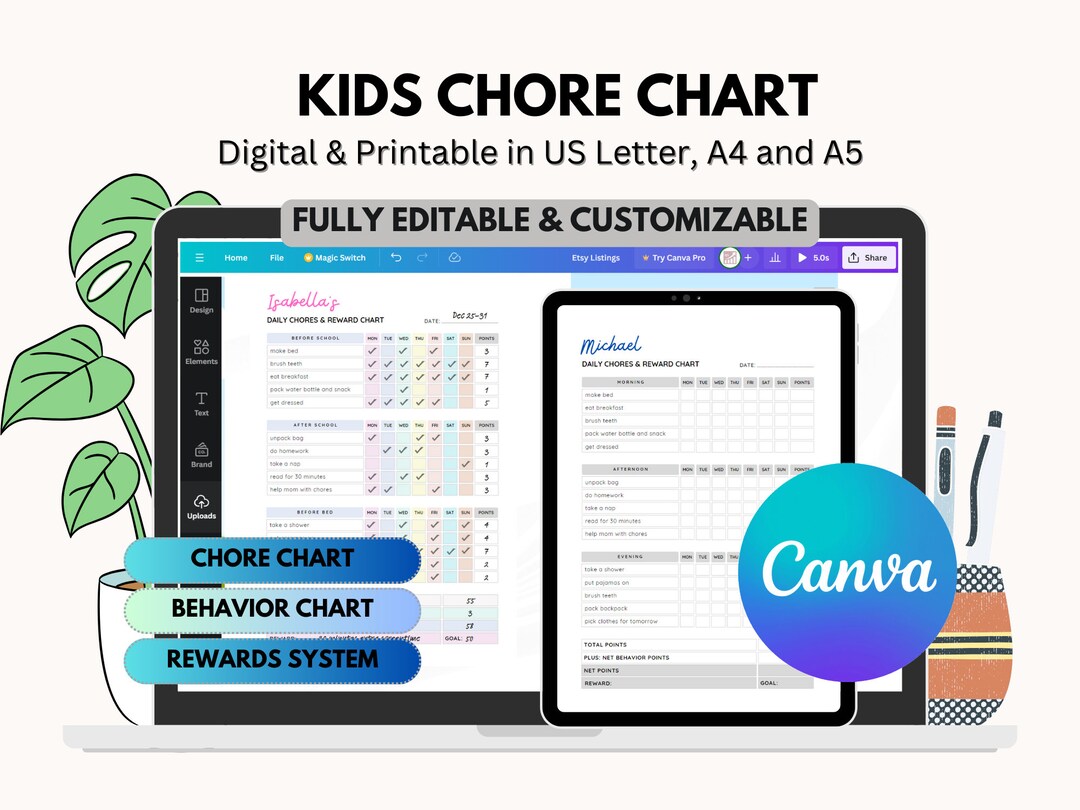 Weekly Chore Chart and Reward Chart for Kids Canva, Editable Daily ...