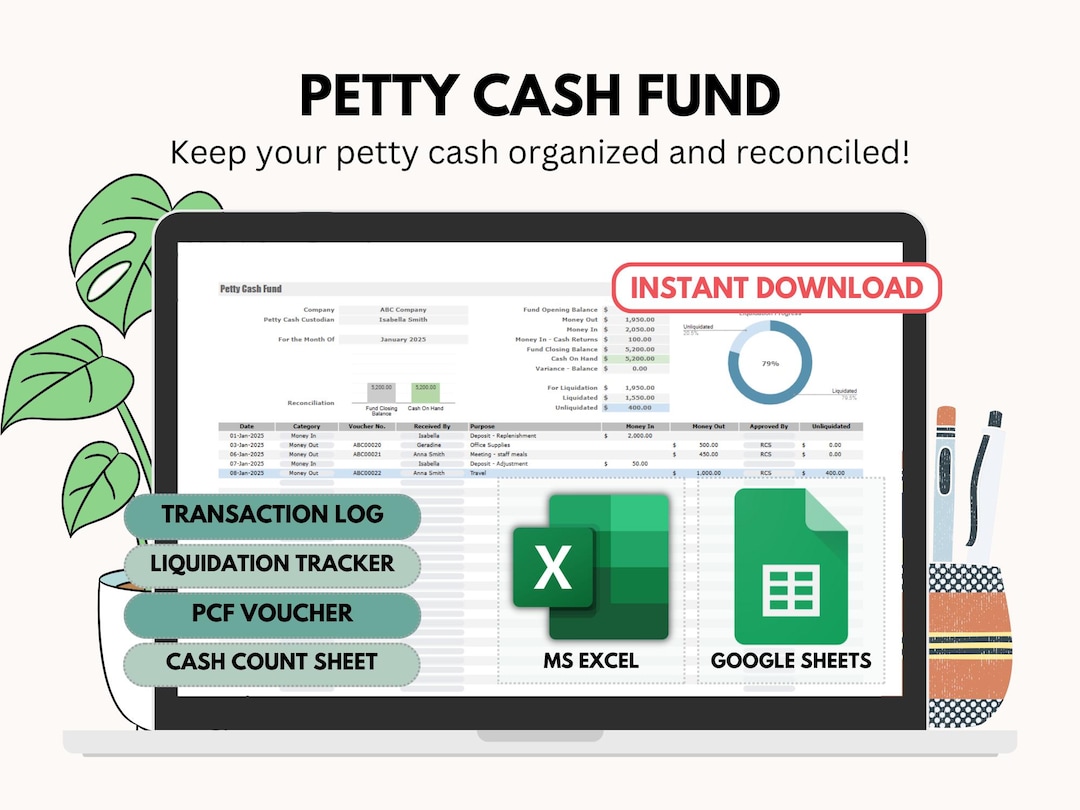 Petty Cash Fund Template | Liquidation and Expense Tracking Spreadsheet ...