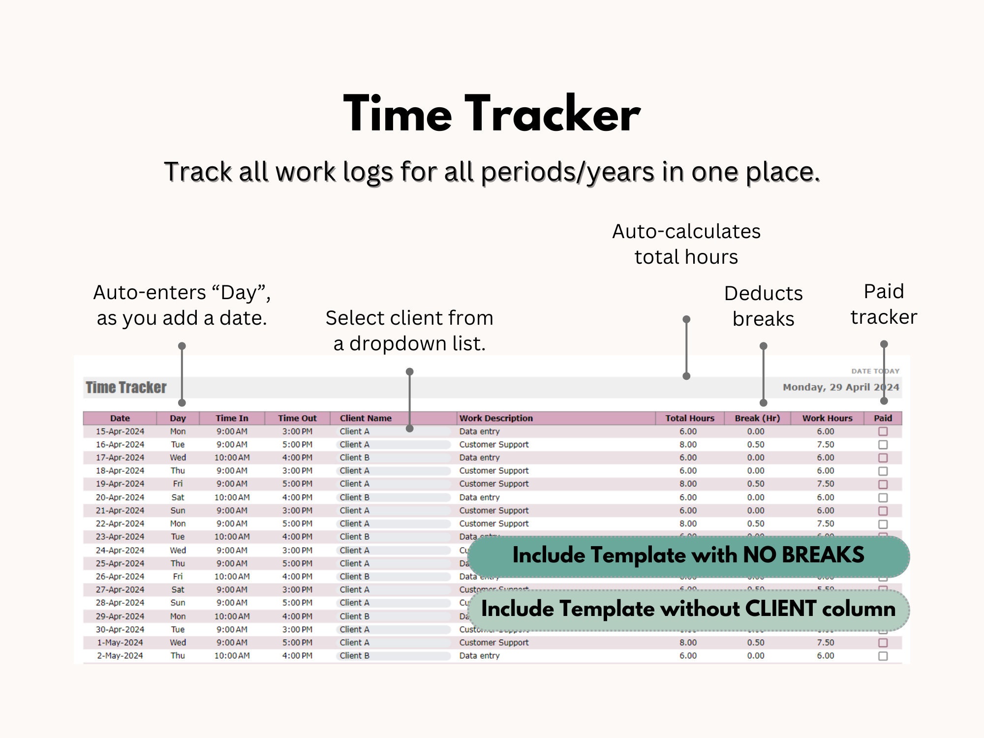 Weekly Timesheet, Clock in Clock Out Tracker, Employee Time Tracker ...