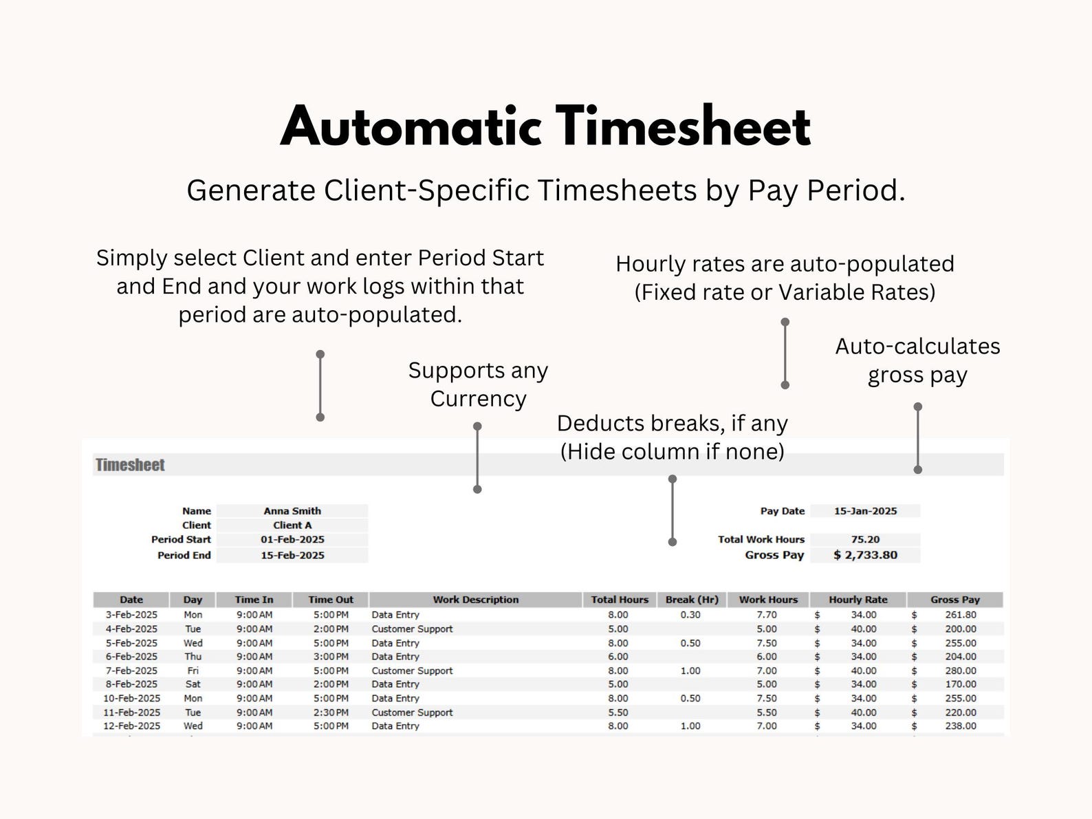 Freelancer Timesheet: Clock In/out Tracker (google Sheets & Excel ...