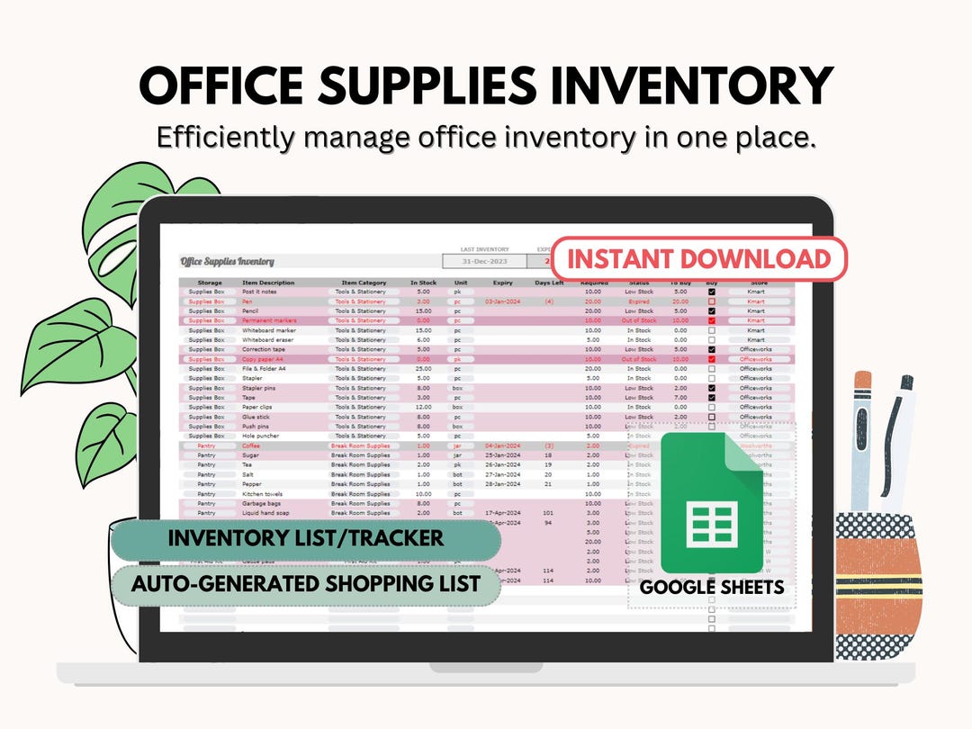 Office Supplies Inventory and Shopping List - Google Sheets Template ...