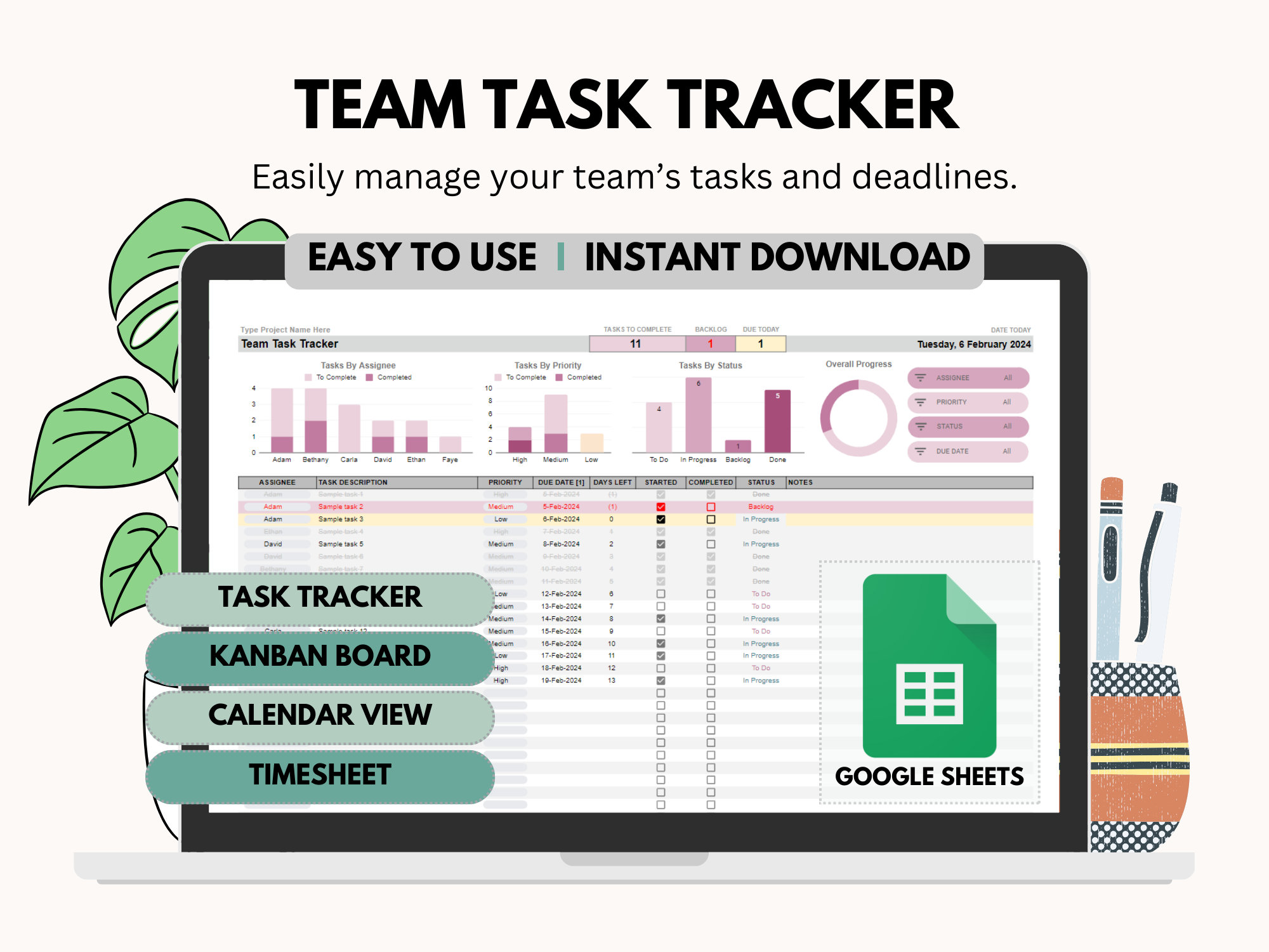 Team Task Tracker Spreadsheet Google Sheets With Kanban Board and ...