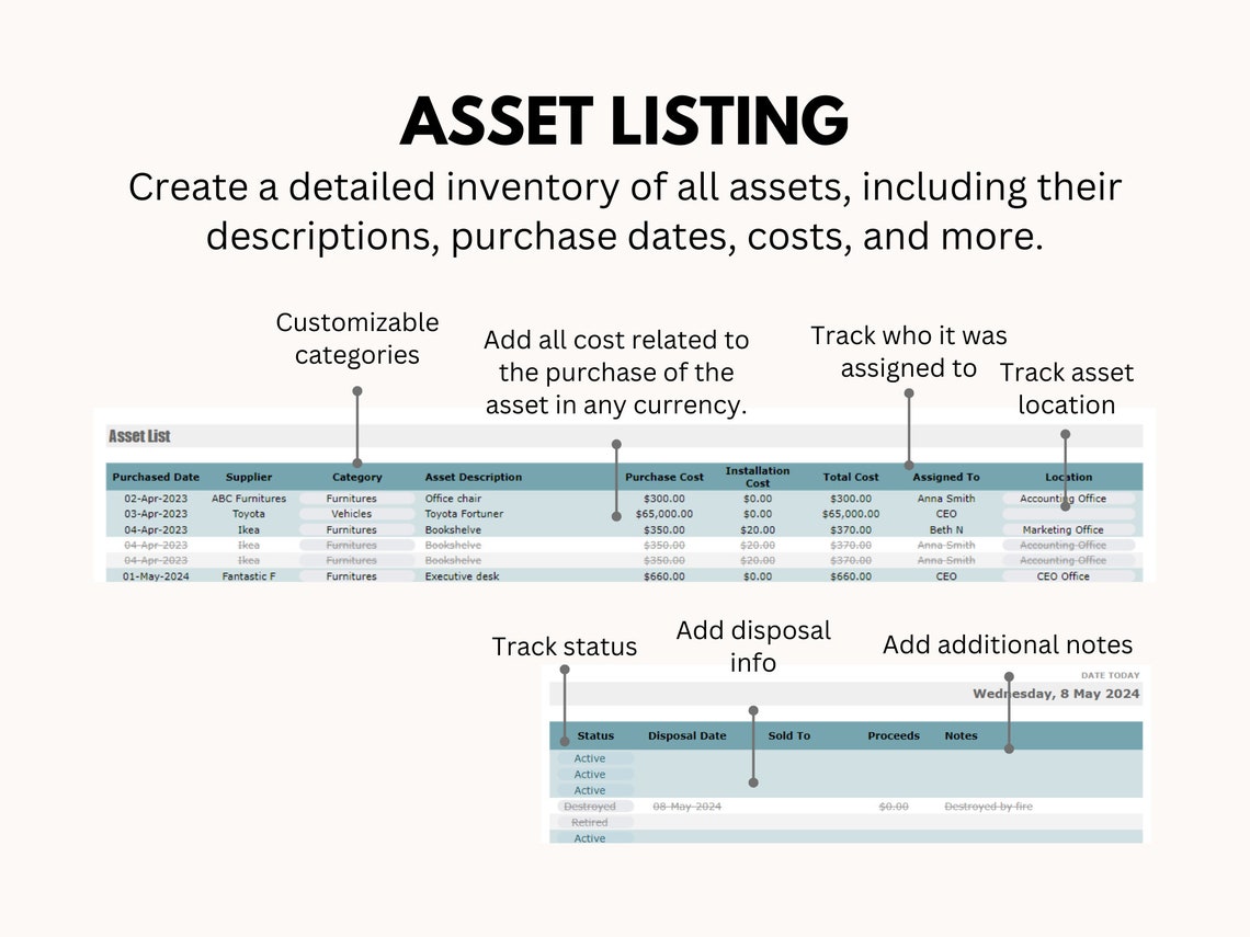 Asset Tracker Google Sheets and Excel, Fixed Asset Management, Asset ...