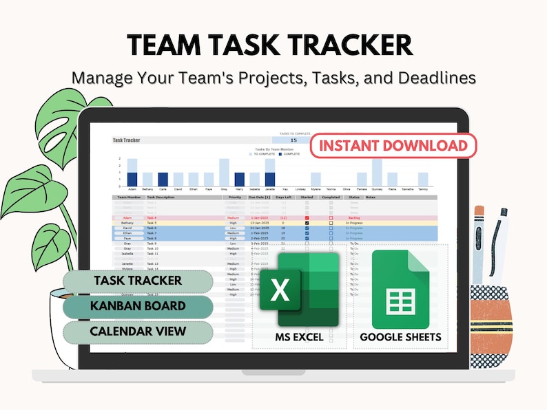 Team Task Tracker, Kanban Board & Calendar - Google Sheets and Excel ...