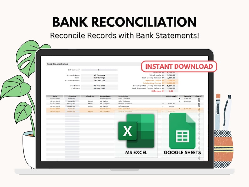 Bank Reconciliation - Google Sheets and Excel Templates (digital ...