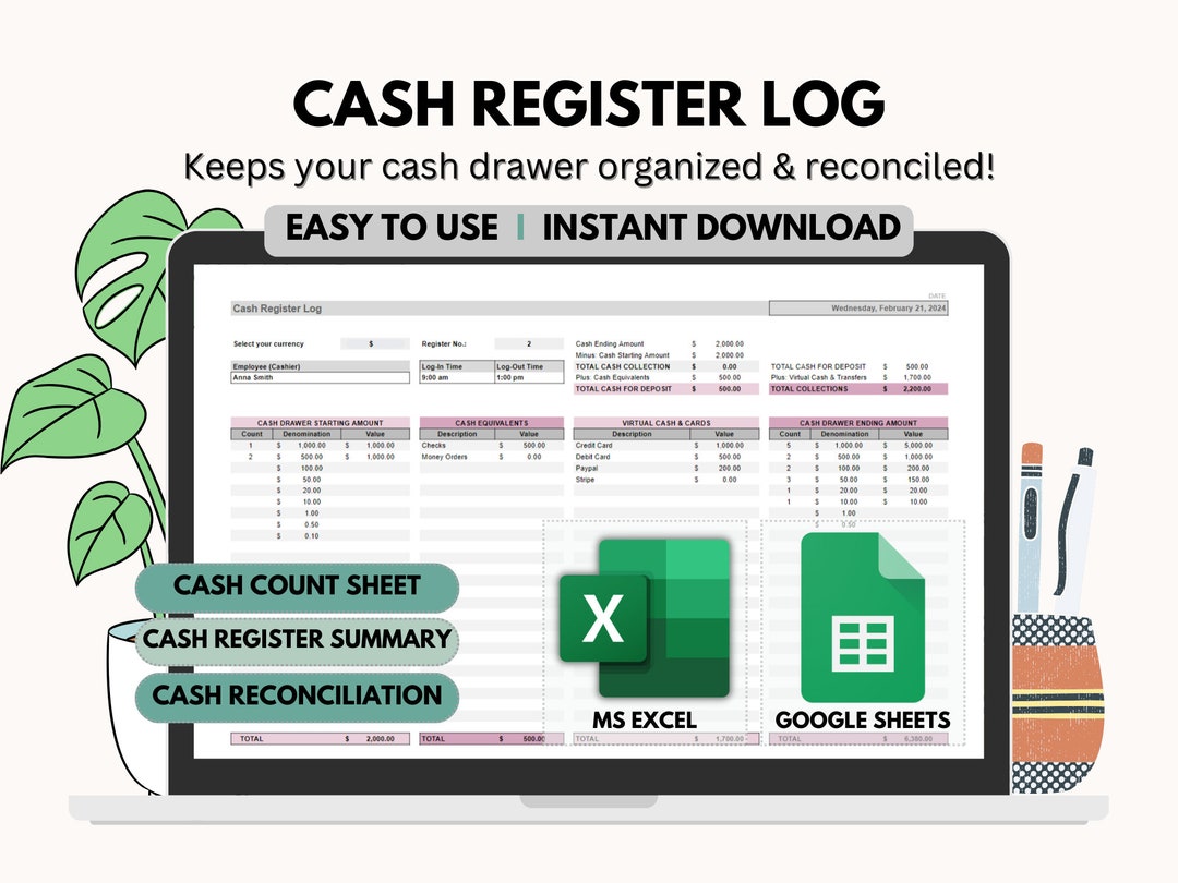 Cash Register Log, Cash Drawer Reconciliation, Cash Count Sheet, Point ...